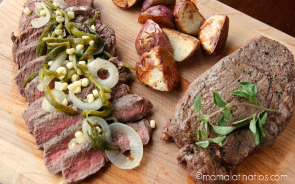 Pan Fried Sirloin Steak With Poblano Peppers and Corn • Mama Latina Tips